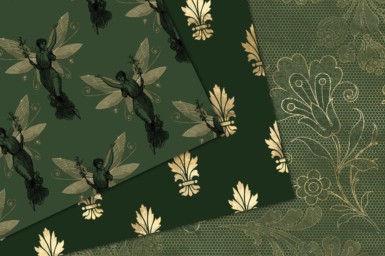 Green and Gold Fairy Digital Paper Seamless Textures With - Etsy