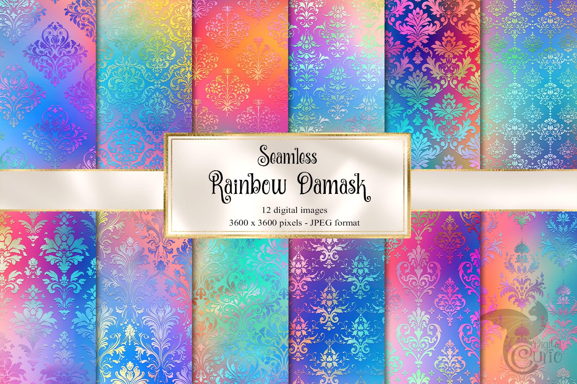 Rainbow Damask Digital Paper, Seamless Metallic Patterns (digital ...
