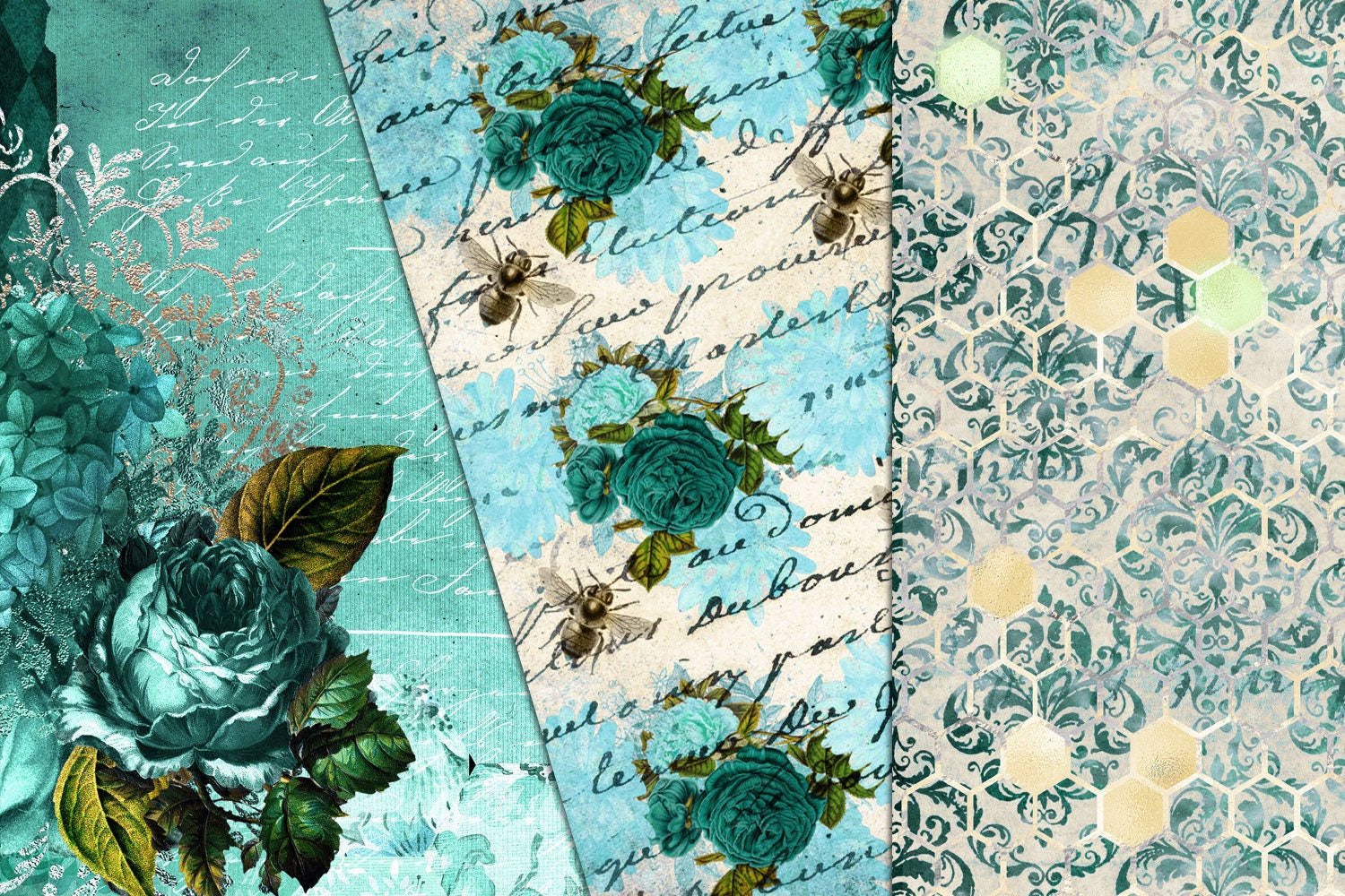 Turquoise Bee Digital Paper Vintage Honey Bee Ephemera Teal - Etsy