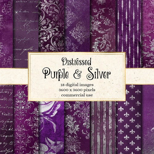 Purple and Silver Floral Digital Paper Silver Glitter and - Etsy