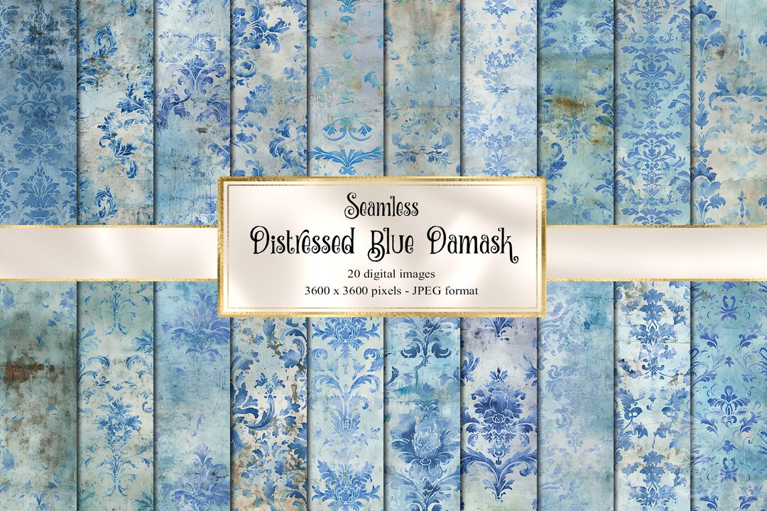 Blue Distressed Damask Digital Paper, Seamless Rustic Vintage Textured ...