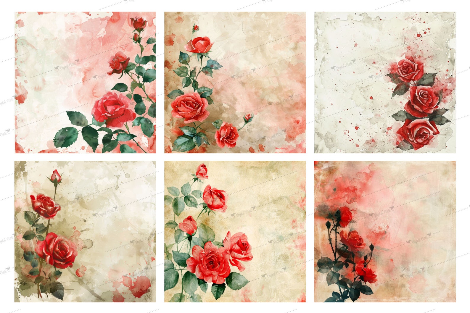 Watercolor Red Rose Backgrounds, Watercolour Wash Digital Paper, Floral ...