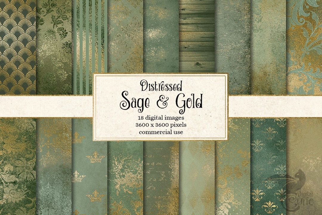 Distressed Sage and Gold Digital Paper, Vintage Printable Grunge Sage ...