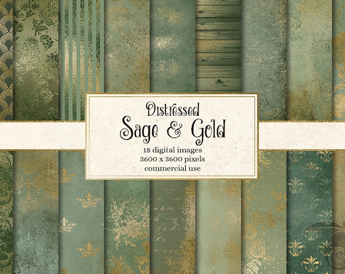 Distressed Green and Gold Digital Paper, Damask Textures (digital ...