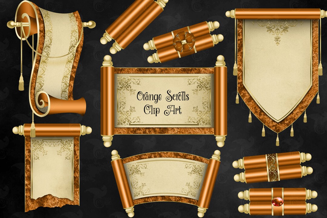 Orange Tapestry Scrolls Clipart - Gold Accents, Fantasy Designs ...