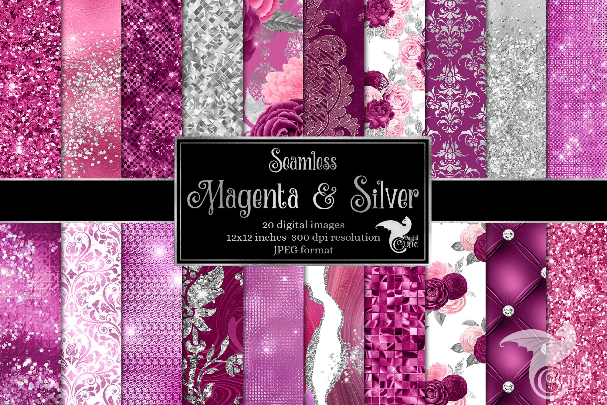 Magenta and Silver Digital Paper Seamless Patterns and - Etsy