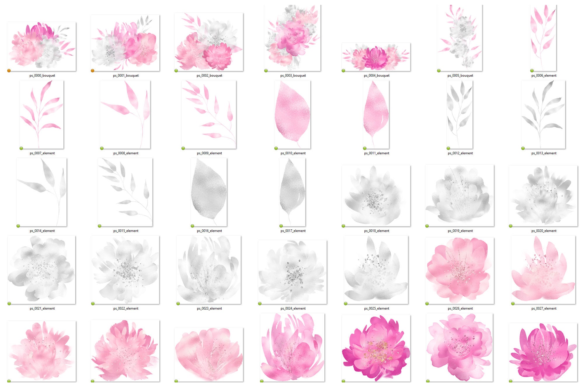 Pink and Silver Watercolor Flowers Clipart Shimmering | Etsy