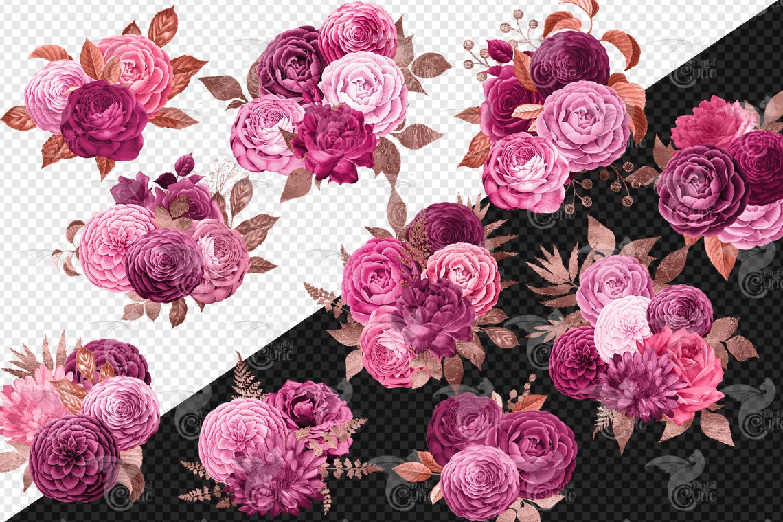 Magenta and Rose Gold Floral Bouquets Clipart Digital Instant | Etsy