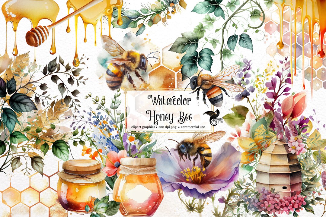 Watercolor Honey Bee Clipart, Spring Garden Bee and Honey Drips Clip ...