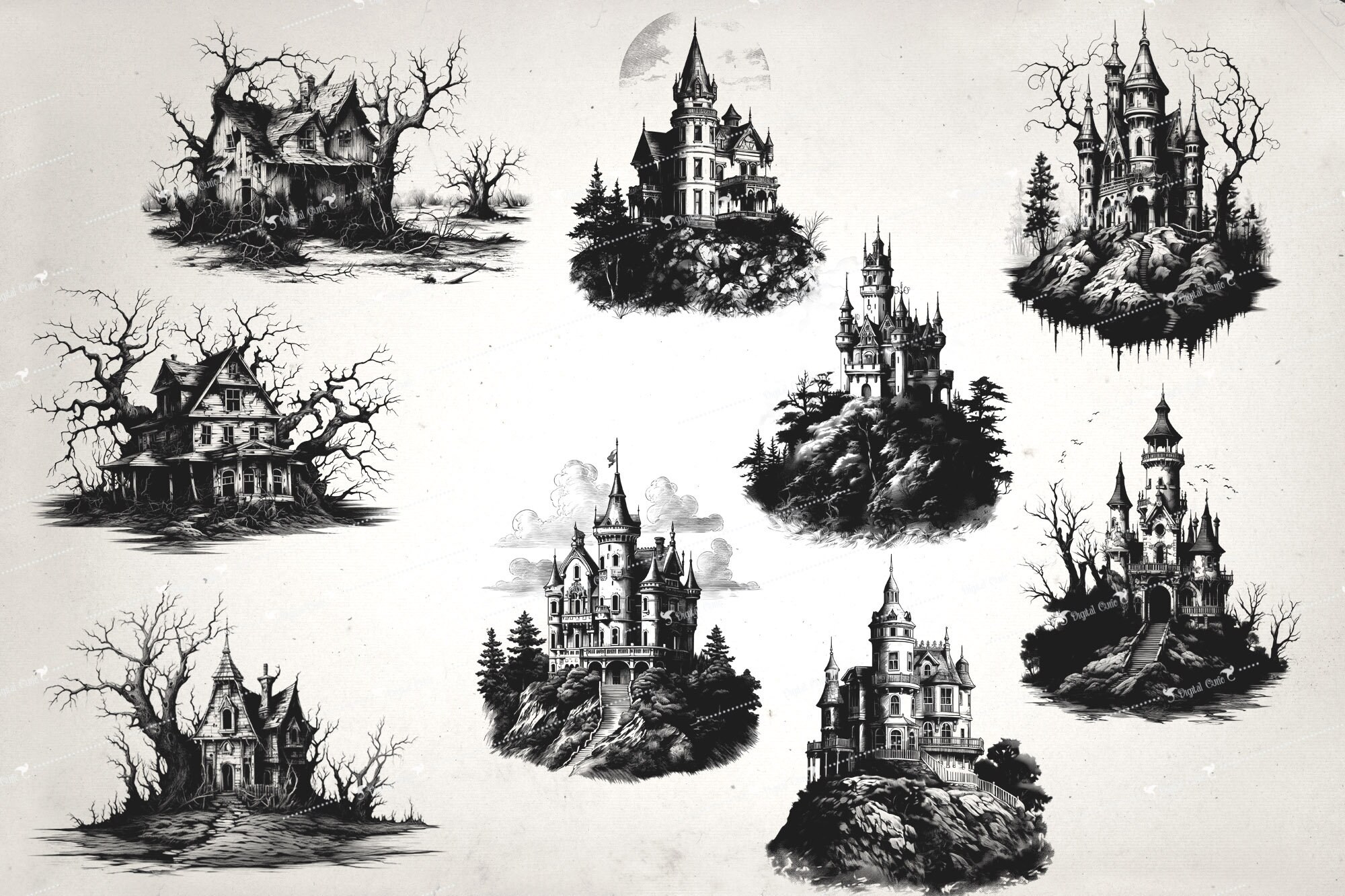Vintage Haunted Houses Clipart, Antique Witch House Halloween Clip Art ...