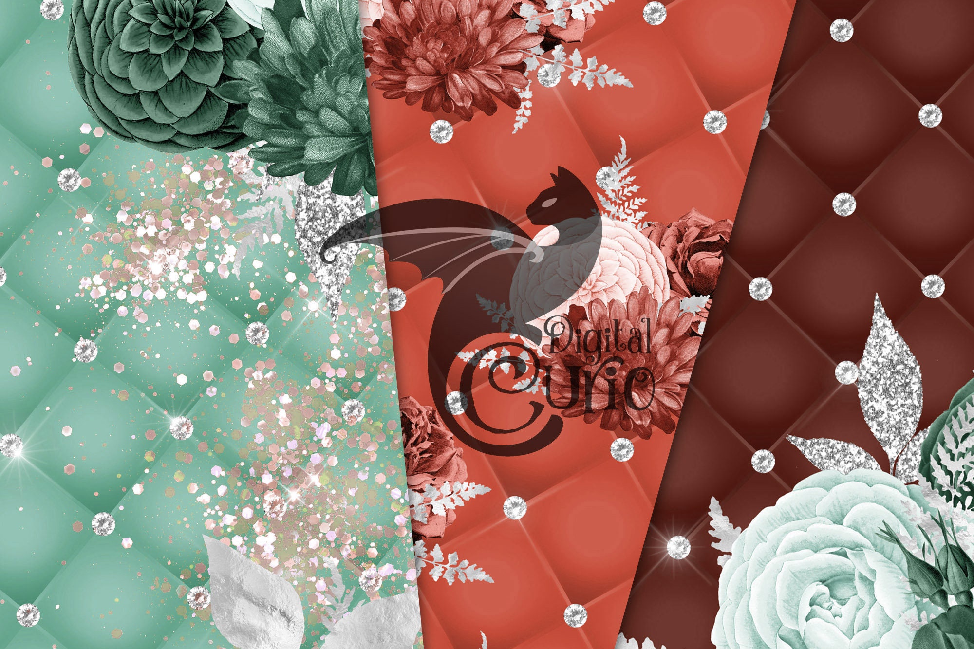 Coral and Teal Floral Digital Paper Seamless Tufted Diamond - Etsy