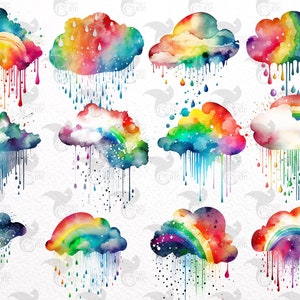 Watercolor Rainbow Clouds Clipart, Digital Graphics for Commercial Use ...