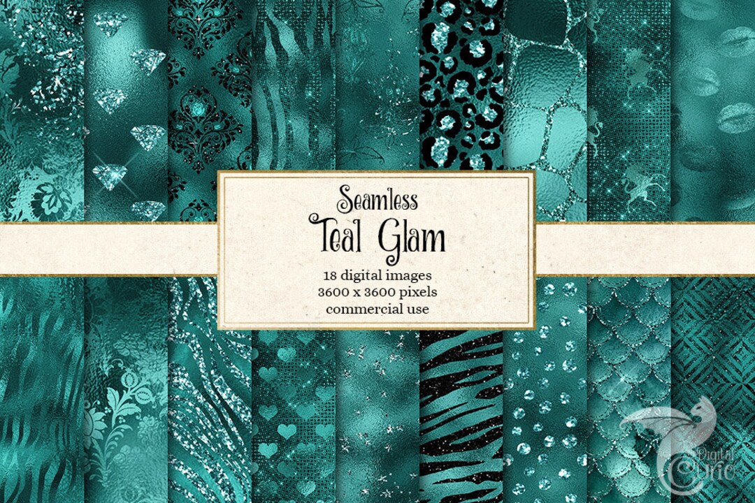 Teal Glam Digital Paper, Seamless Metallic Glitter Sparkle Backgrounds ...