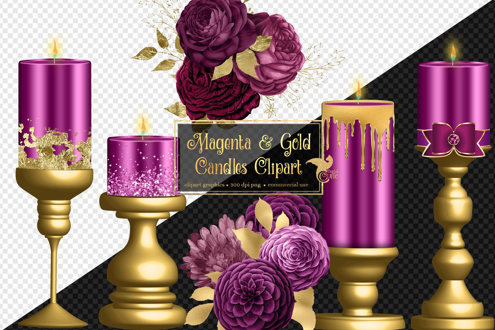 Magenta and Gold Candles Clip Art - Digital Candle Graphics Instant ...