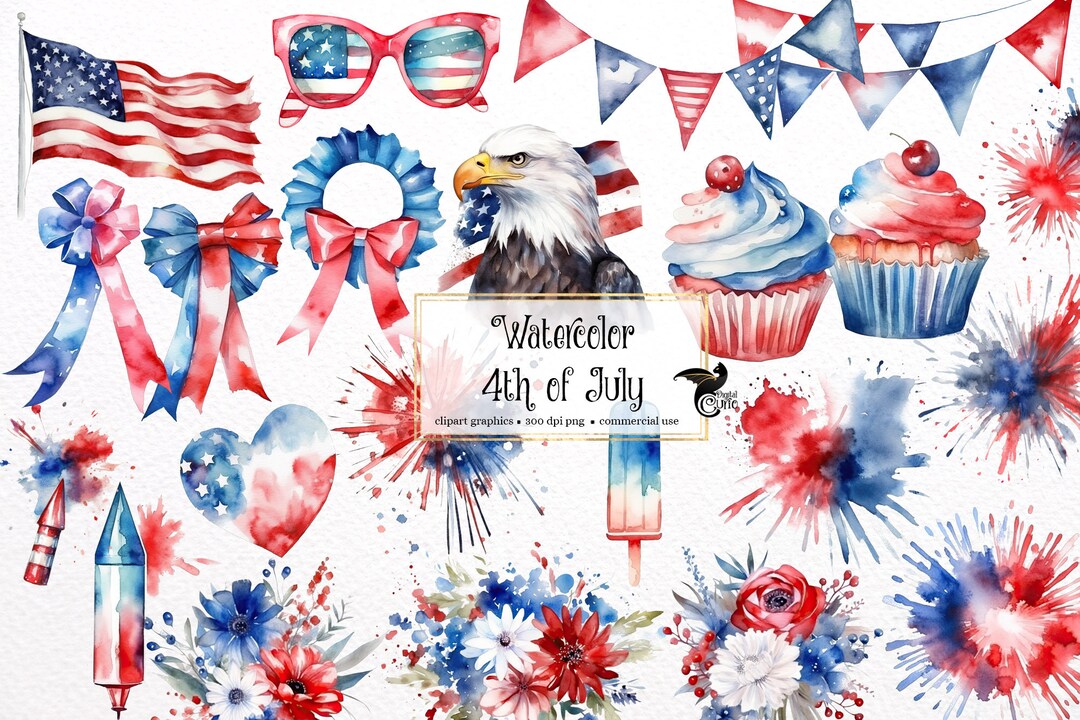 Watercolor Fourth of July Clipart - Digital Png Graphics for Instant ...
