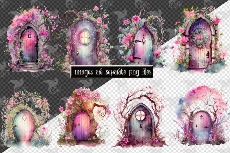 Watercolor Pink Fairy Doors Clipart Fantasy Magic Door - Etsy