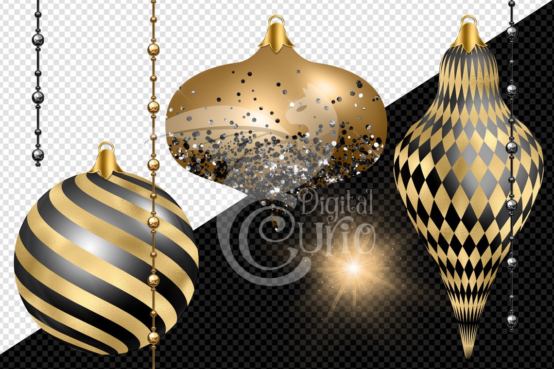 Black and Gold Christmas Ornaments Clipart, Glitter Ball (digital ...