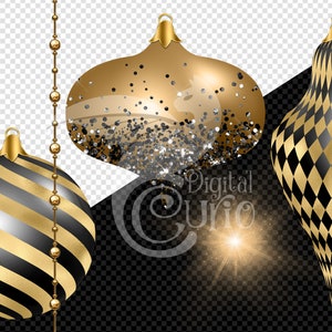 Black and Gold Christmas Ornaments Clipart, Digital Glitter Christmas ...