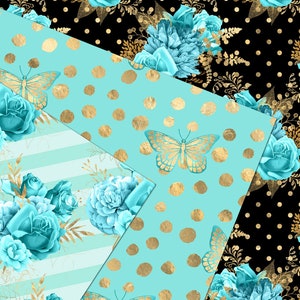Aqua and Gold Floral Digital Paper, Teal and Gold Printable Scrapbook ...