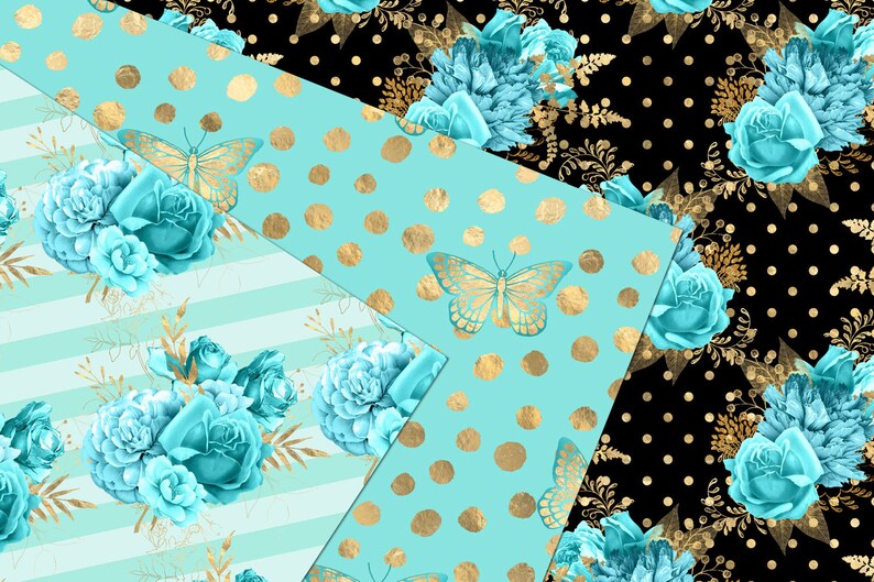 Aqua and Gold Floral Digital Paper, Watercolor Flower Backgrounds ...