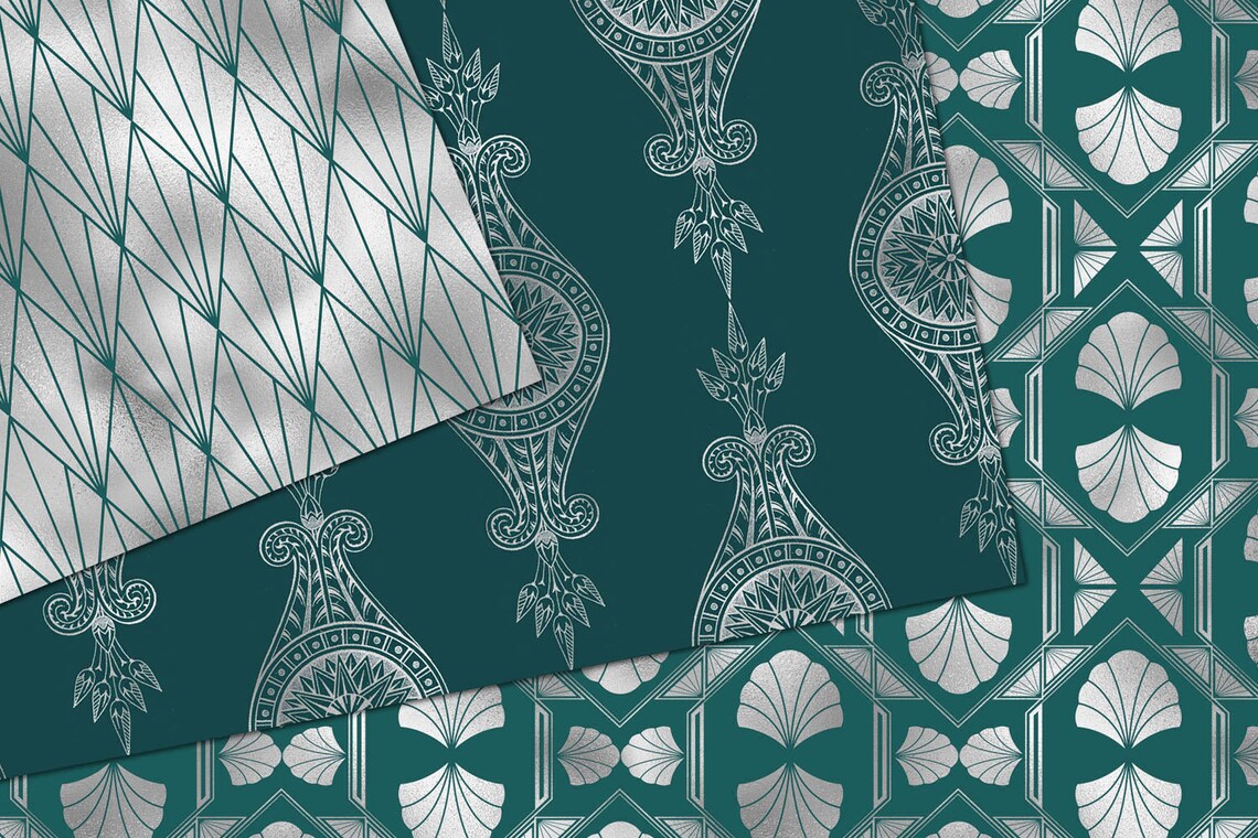 Teal and Silver Art Deco Digital Paper Seamless Deco Patterns | Etsy