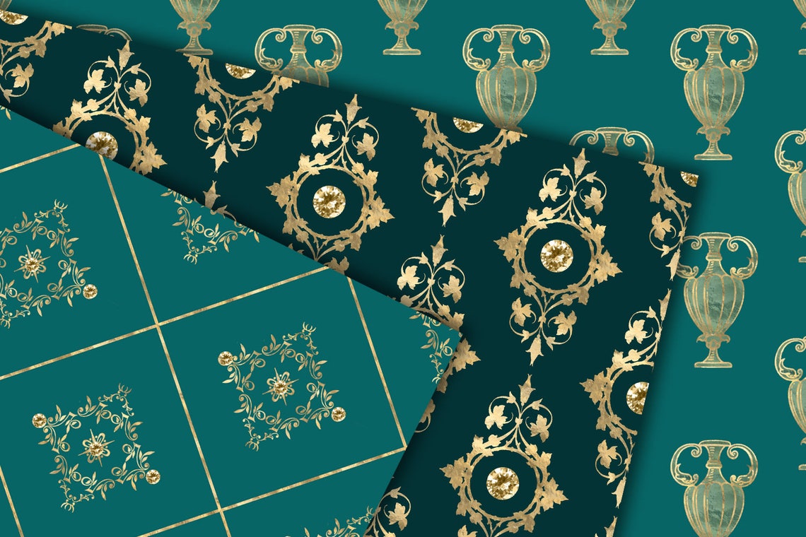 Victorian Teal and Gold Digital Paper, Seamless Damask Patterns ...