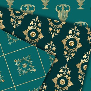 Victorian Teal and Gold Digital Paper, Ornate Seamless Patterns With ...