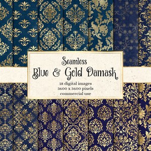 Blue and Gold Damask Digital Paper, Seamless Damask Patterns Printable ...