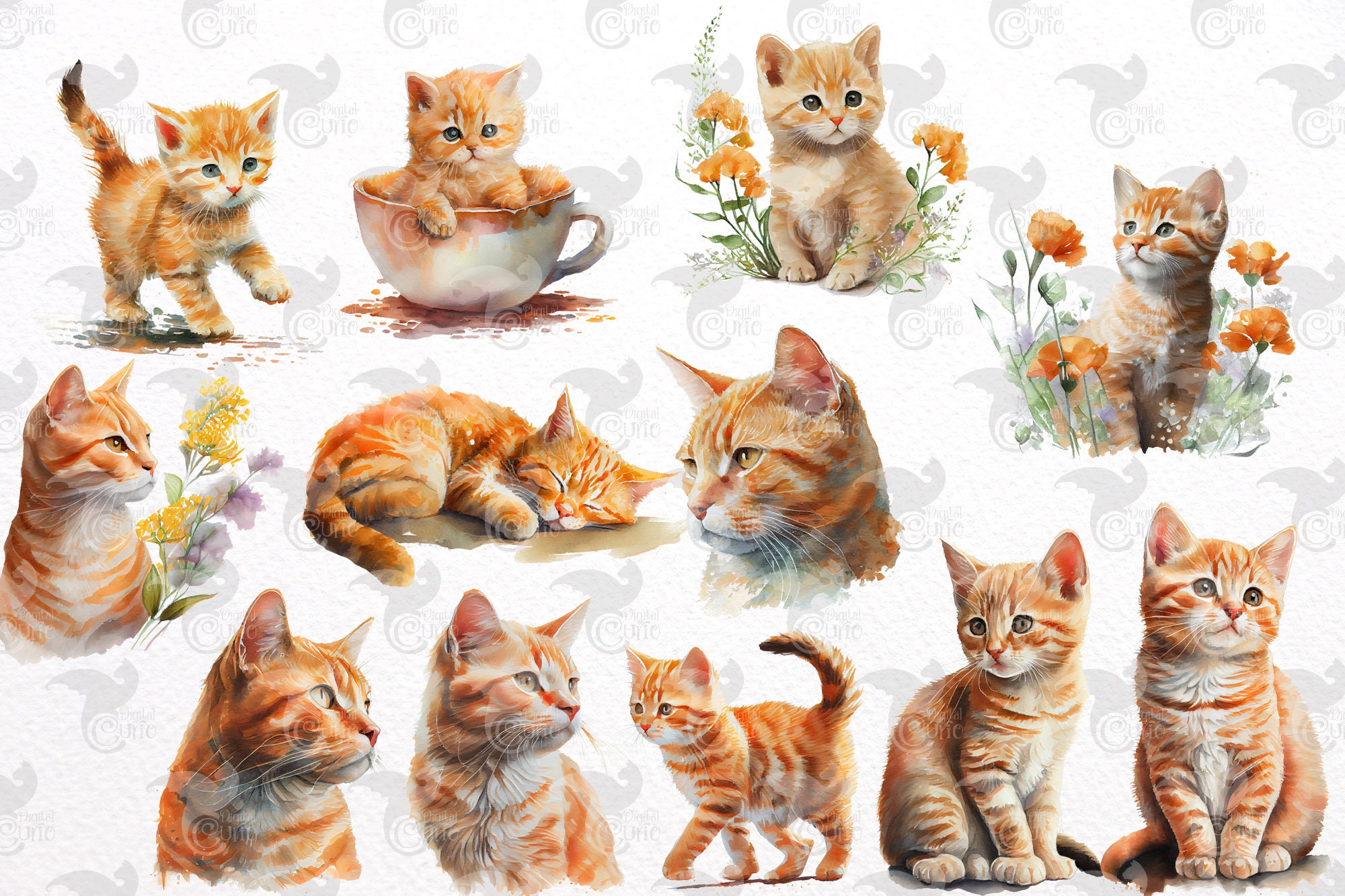 Watercolor Orange Cats Clipart Cute Floral Tabby Cats and - Etsy Singapore