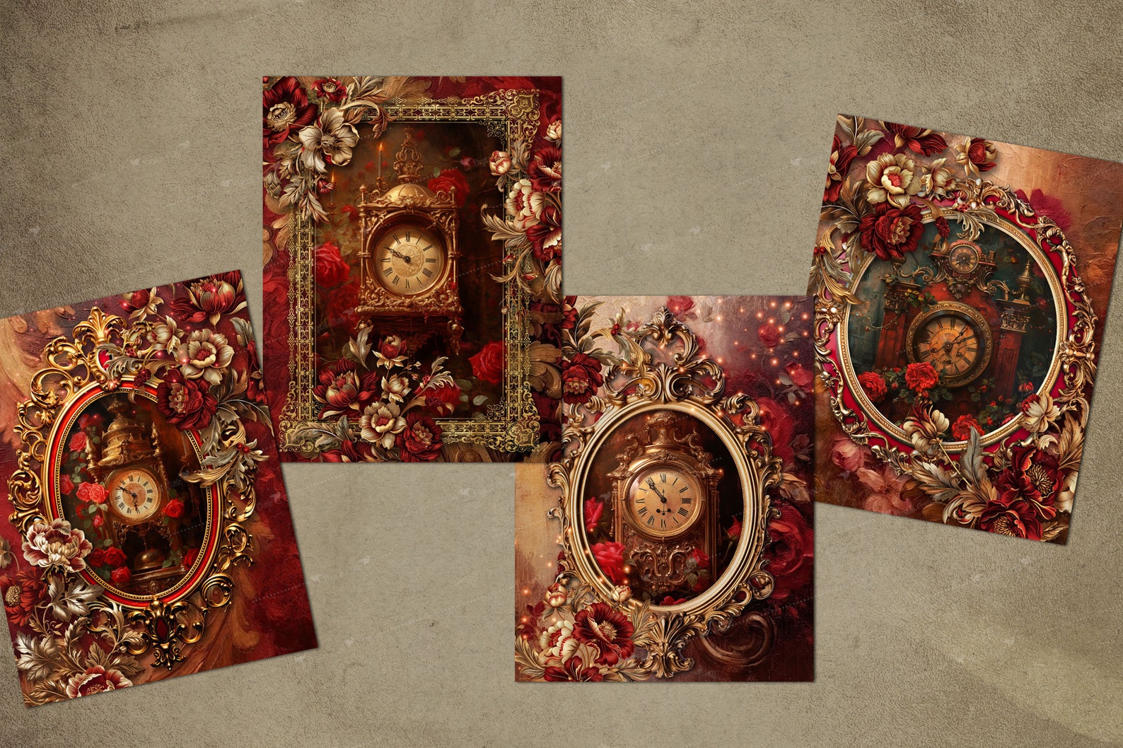 Red Clocks Journal Paper, Rococo Printable Paper (digital Download) - Etsy