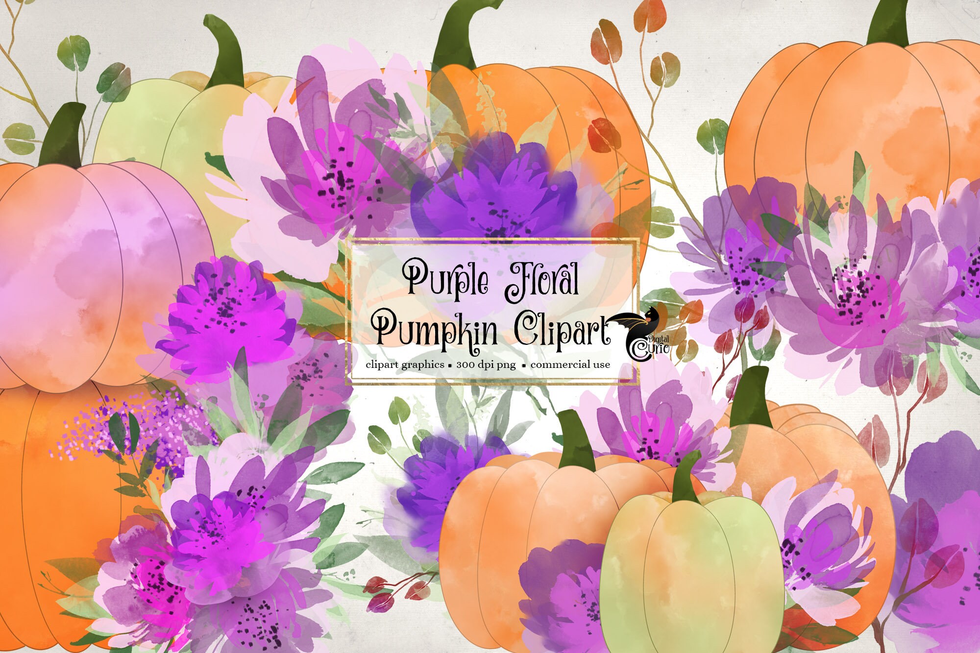 Purple Floral Pumpkins Clip Art Watercolor Pumpkin - Etsy