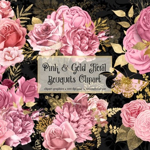 Pink and Gold Floral Clip Art digital instant download | Etsy