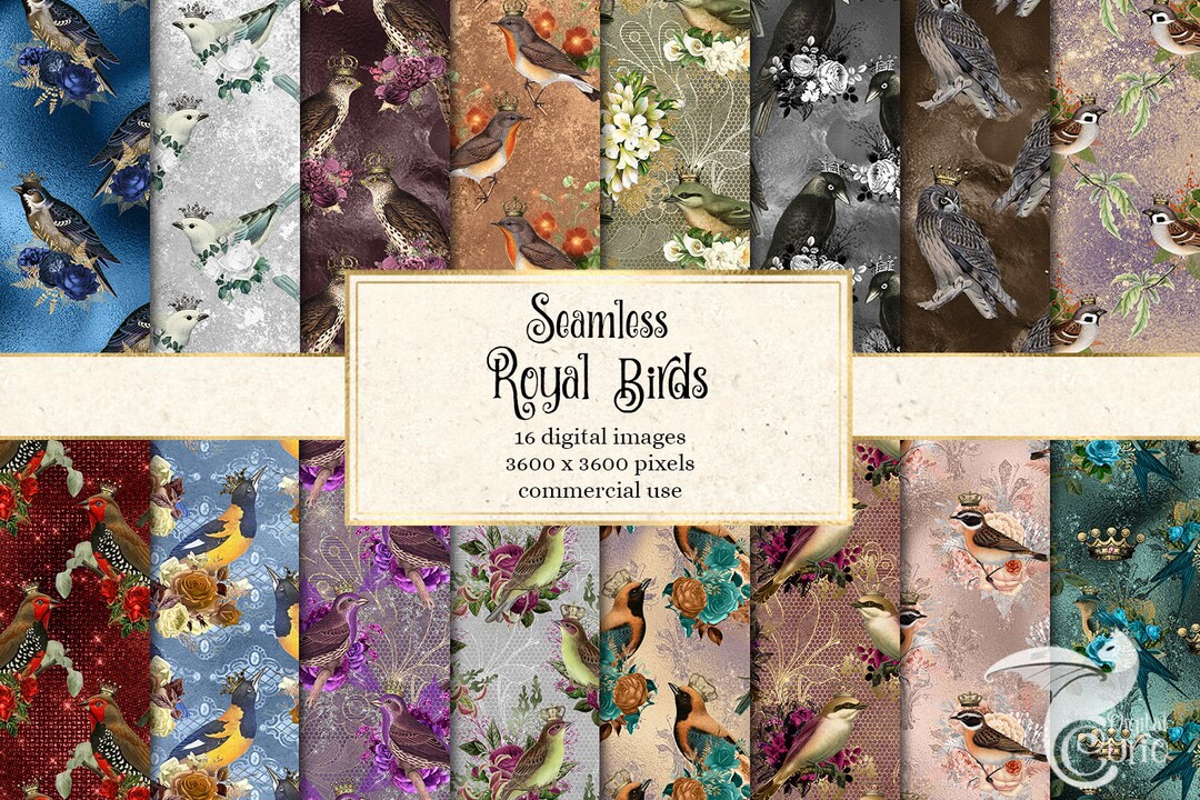 Royal Birds Digital Paper, Seamless Bird Printable Scrapbook Paper and ...