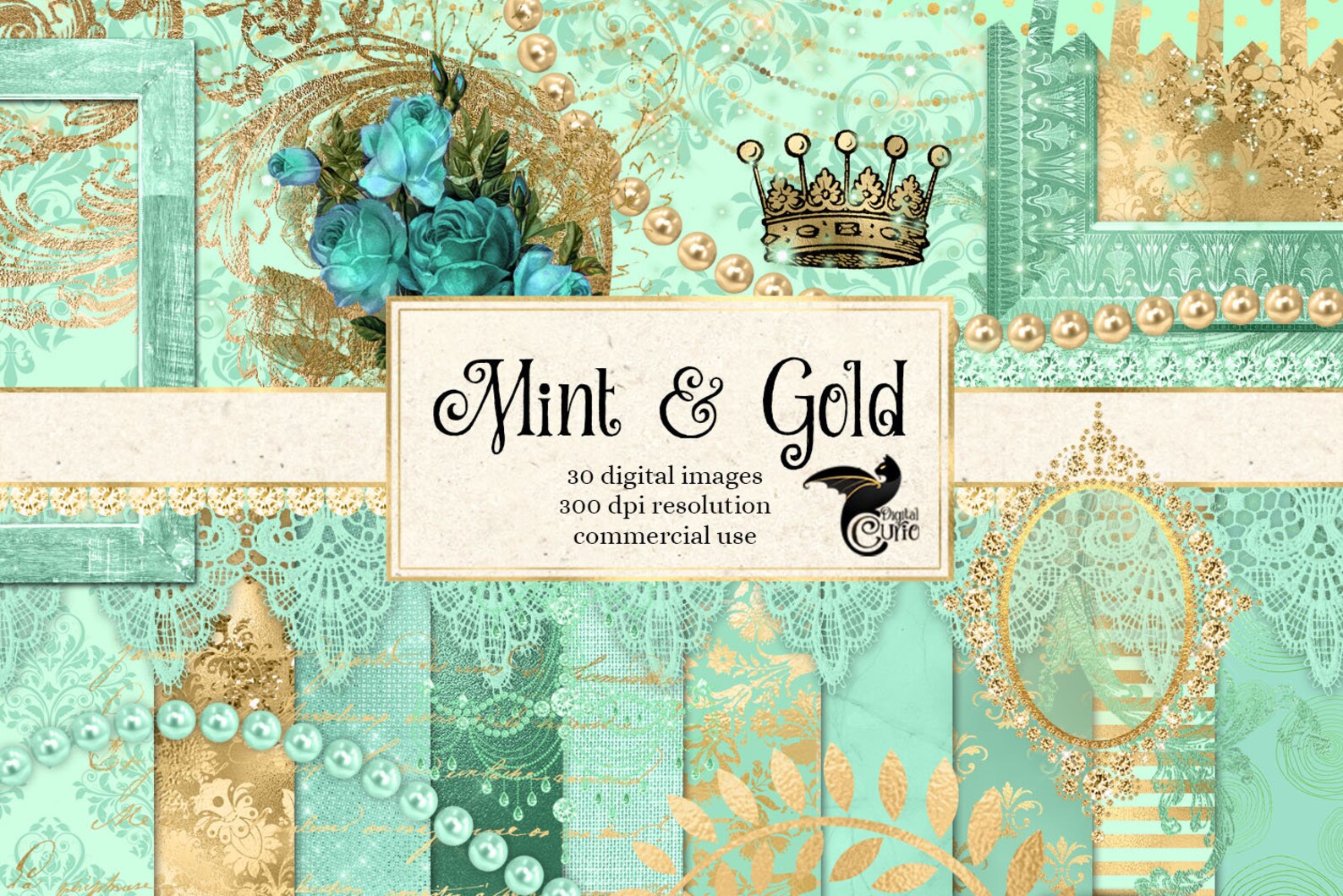Mint and Gold Digital Scrapbooking Kit Clipart Digital - Etsy