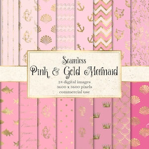 Pink and Gold Mermaid Digital Paper, Seamless Gold Mermaid Patterns ...