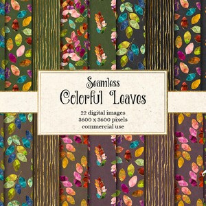 Colorful Leaves Digital Paper, Gold Glitter Watercolor Seamless ...