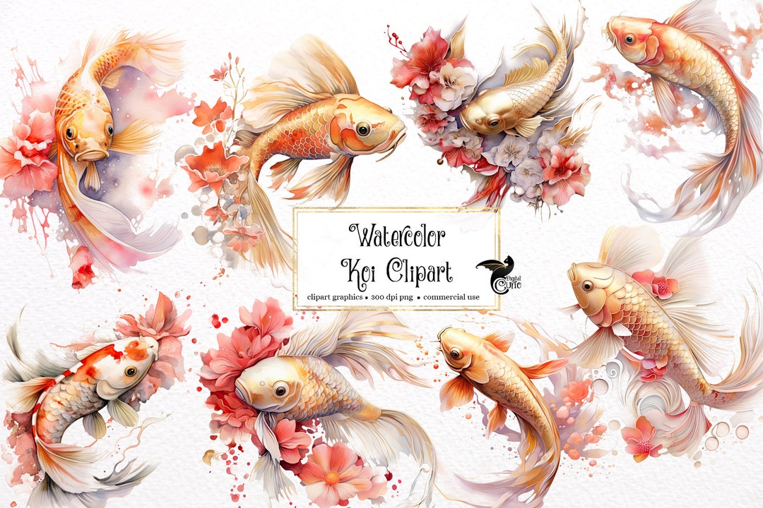 Watercolor Koi Clipart, Japanese Floral Koi Fish in Coral and Gold, PNG ...