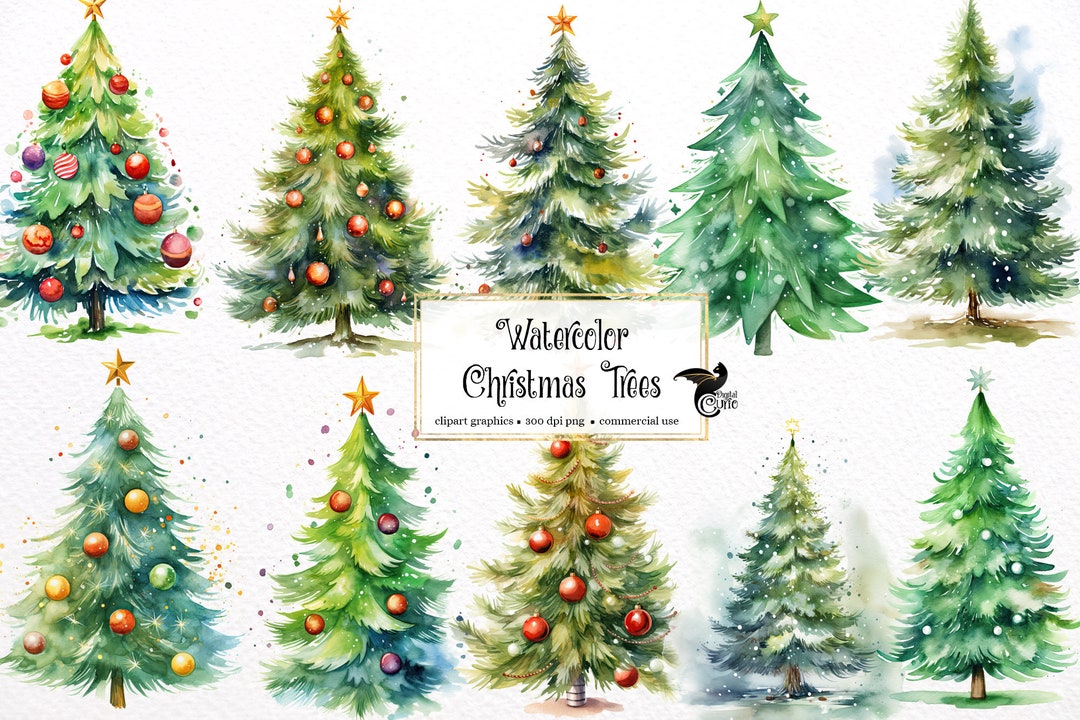 Watercolor Christmas Trees Clipart - Winter Fantasy Forest PNG Format ...