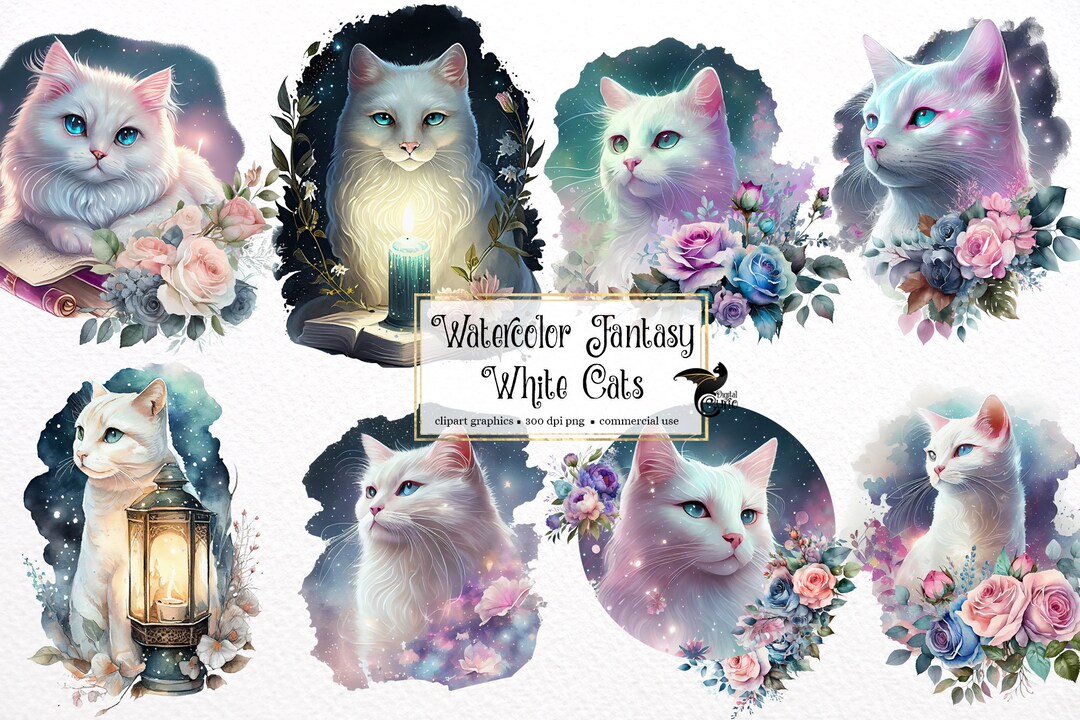 Watercolor Fantasy White Cats Clipart - Cute Floral Cats With Fairy ...