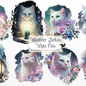 Watercolor Fantasy White Cats Clipart Cute Floral Cats With Fairy ...