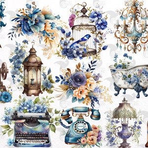 Watercolor Blue Antique Clipart - Vintage Shabby PNG Format Instant ...