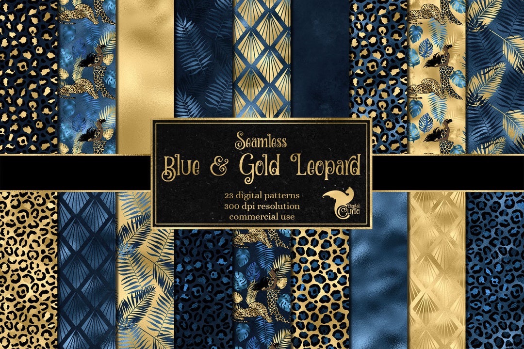 Blue and Gold Leopard Digital Paper, Seamless Leopard Spot Patterns ...
