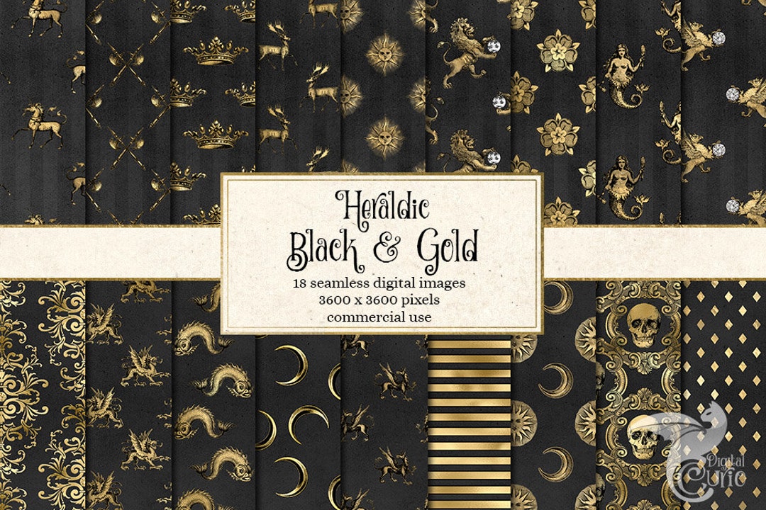 Heraldic Black and Gold Digital Paper, Seamless Patterns, Medieval ...