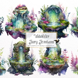 Watercolor Fairy Fountains Clipart - Fantasy Garden Fountain PNG Format ...