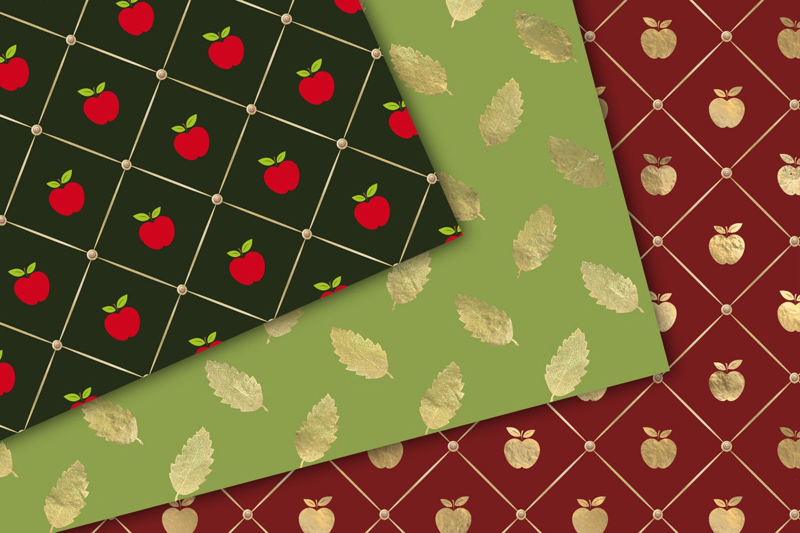 Golden Apple Digital Paper Seamless Apple Patters in Red and | Etsy