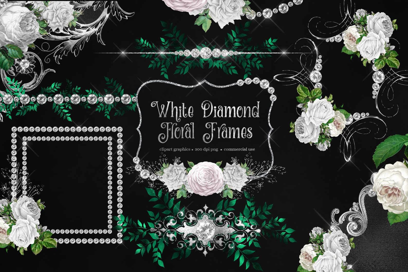 White Diamond Floral Frames Clipart Wedding Frame Clip Art - Etsy