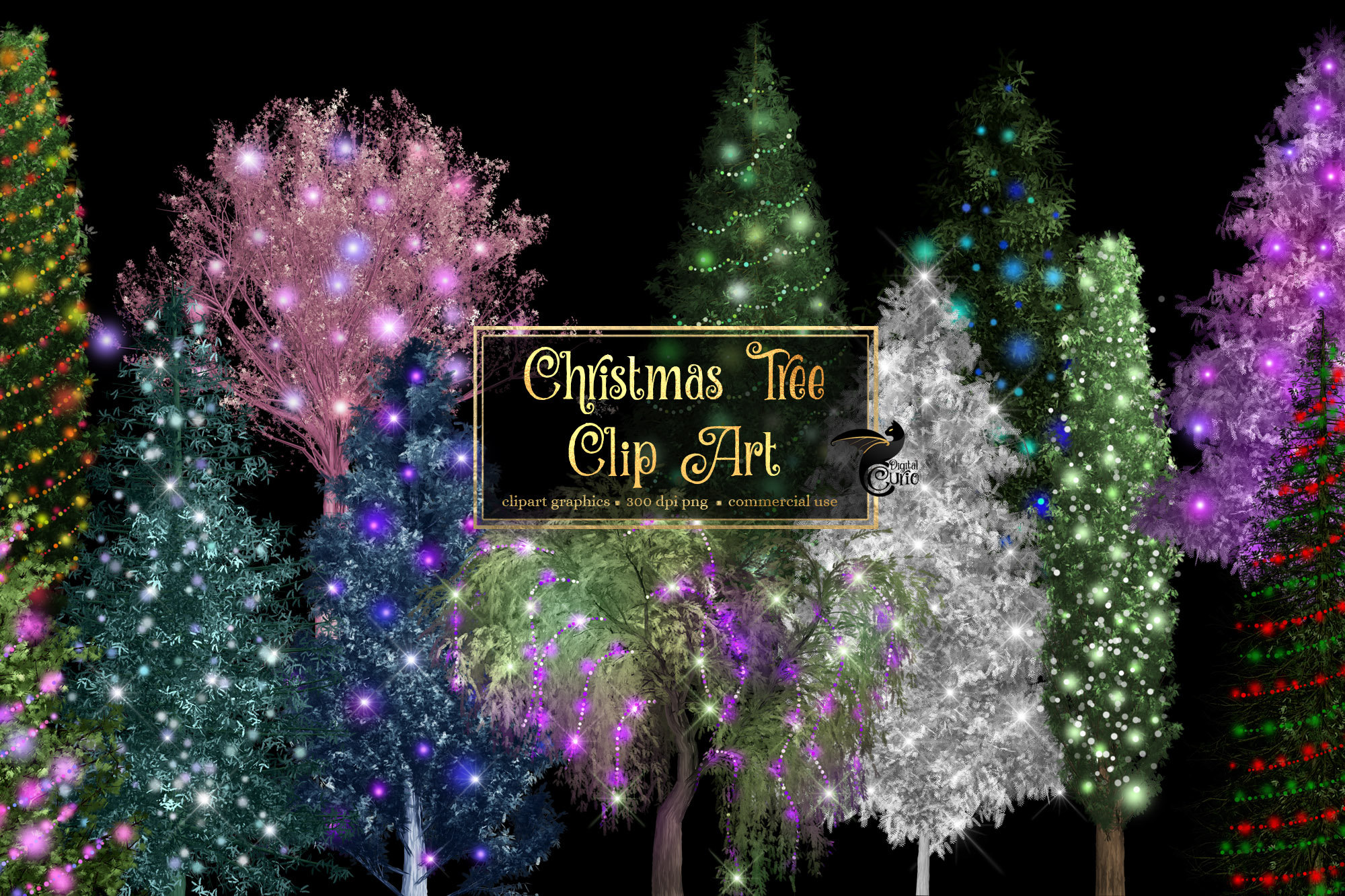 Christmas Trees Clipart – Holiday Lights PNG Graphics (digital Download ...