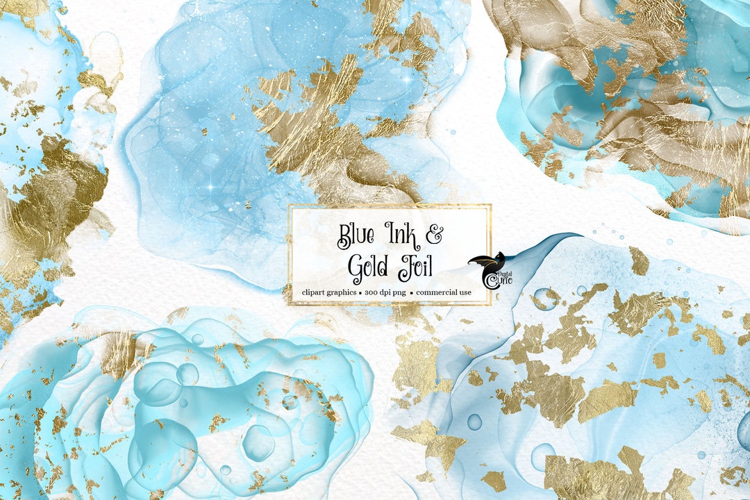 Blue Ink With Gold Foil Overlays, Digital Paint Overlays, Alcohol Ink ...
