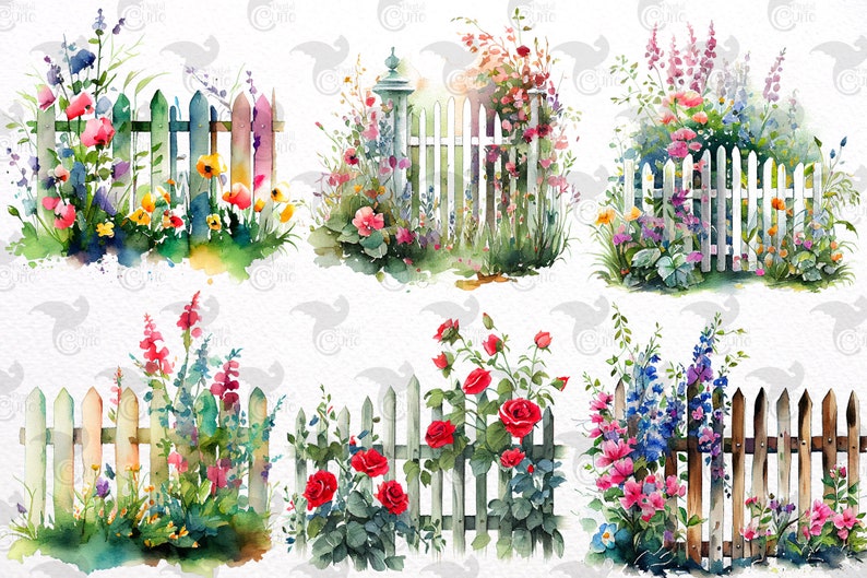 Watercolor Garden Fences Clipart Spring Floral PNG Format - Etsy