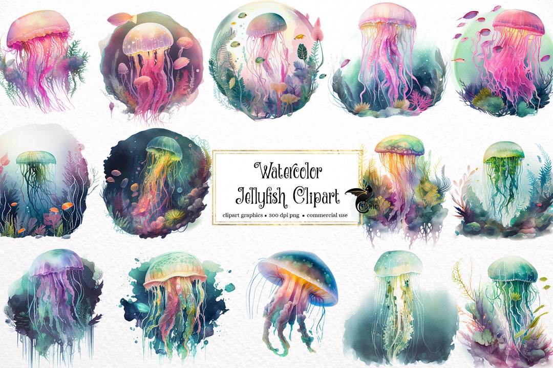 Watercolor Jellyfish Clipart, Nautical Ocean PNG Graphics (commercial ...